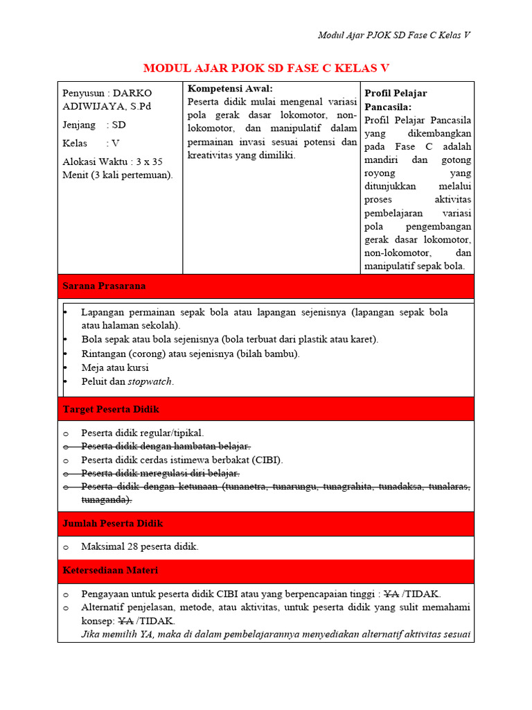 01 Modul Ajar Permainan Sepak Bola Kelas 5 | PDF
