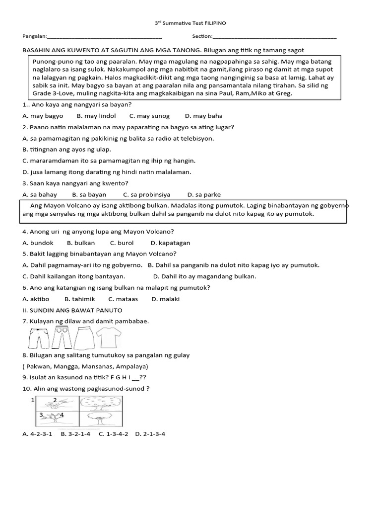 3rd and 4th Summative Test FILIPINO | PDF