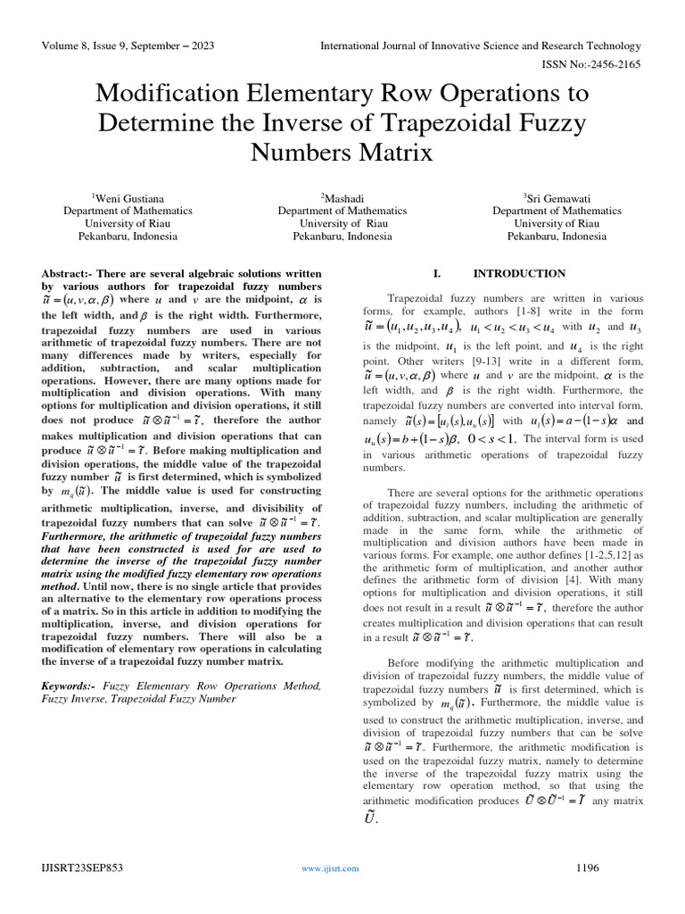 Modification Elementary Row Operations To Determine The Inverse of ...