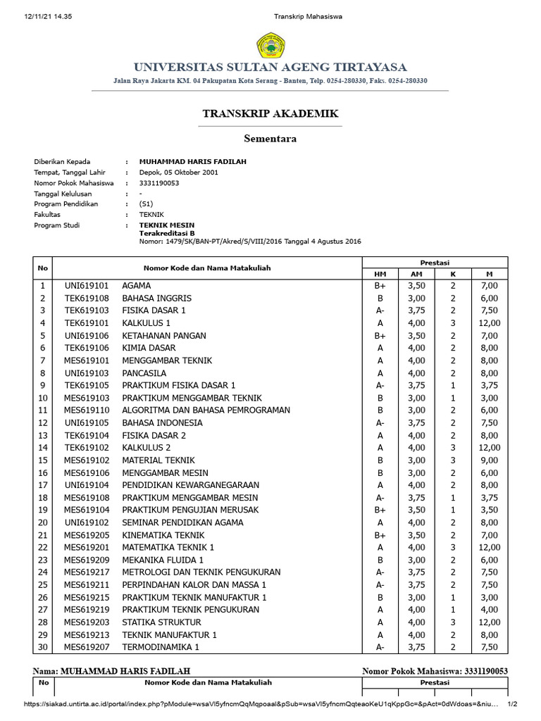 Transkrip Nilai Muhamad Haris Fadilah | PDF