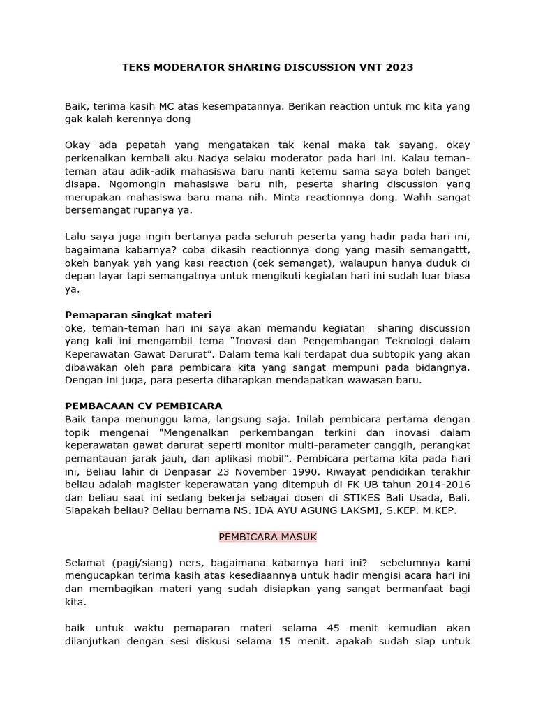 Teks Moderator Sharing Discussion VNT 2023 | PDF