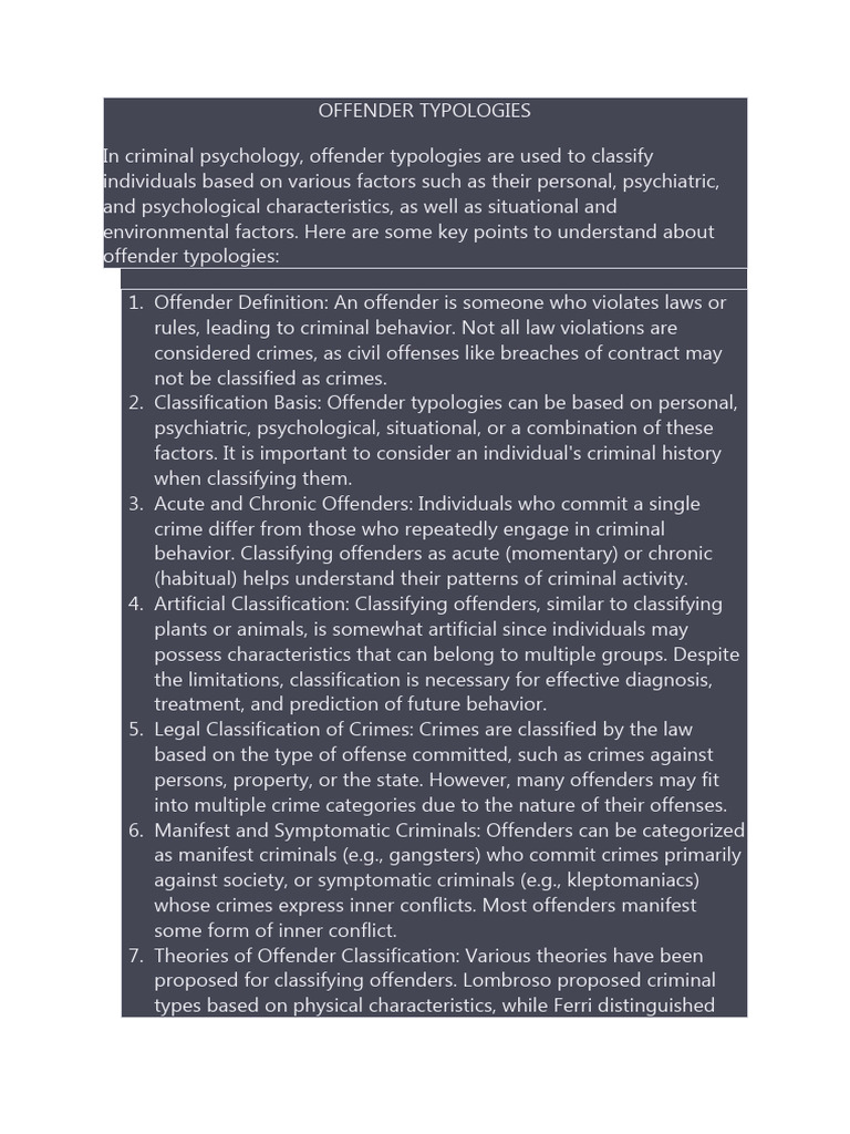Offender Typologies | PDF | Juvenile Delinquency | Offender Profiling