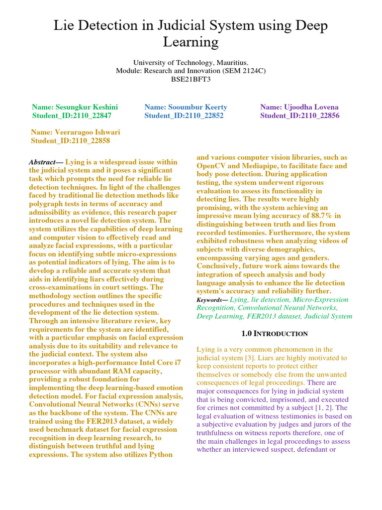 Lie Detection in Judicial System Using Deep Learning Research Paper | PDF