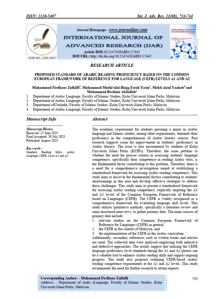 Arabic Reading Proficiency Standards CEFR A1-A2 | PDF | Curriculum ...