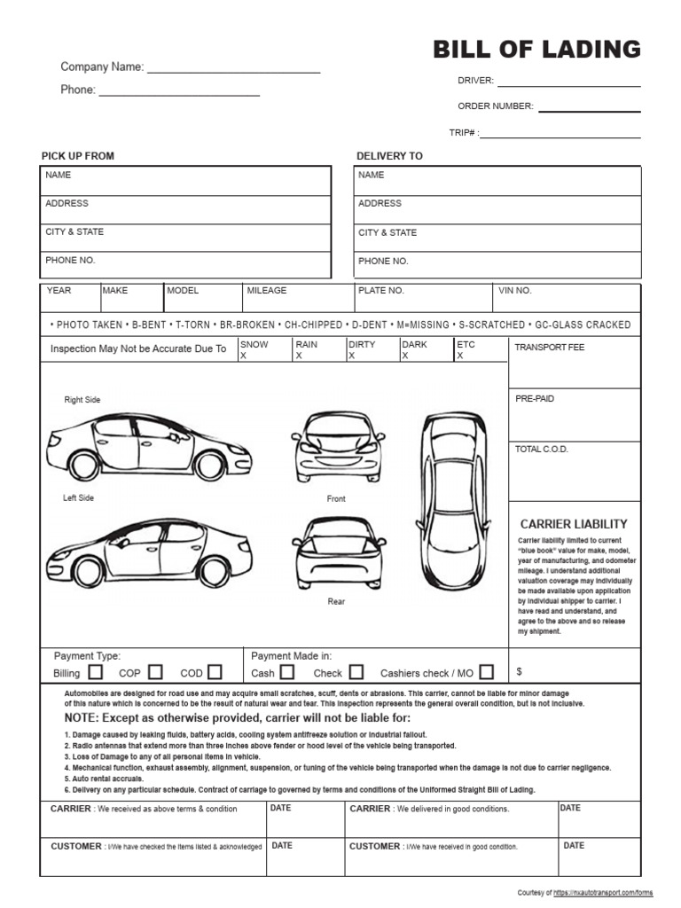 Car Transport Bill of Lading Template | PDF | Cargo | Legal Liability