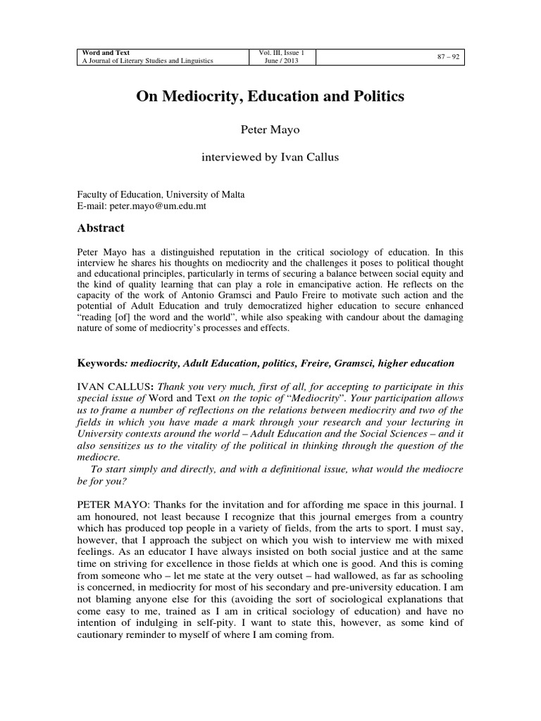 On Mediocrity Education and Politics | PDF | Adult Education | Thought