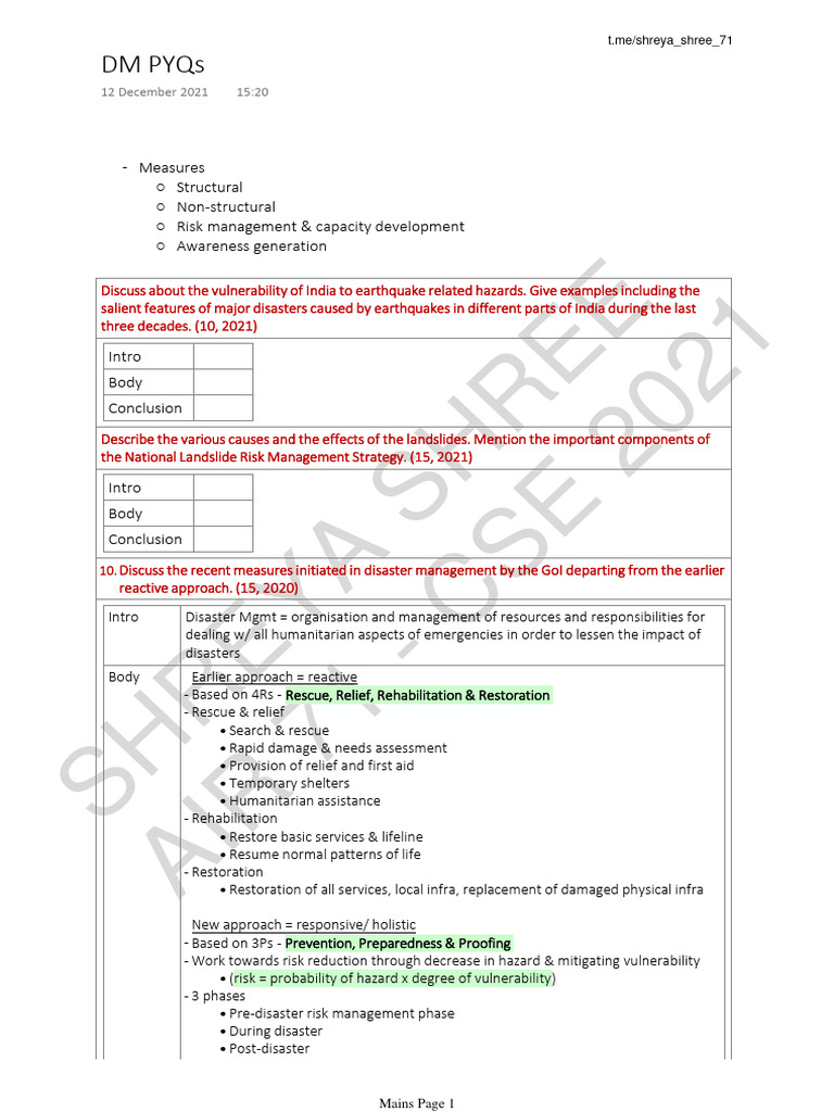 Disaster Management PYQs - SHREYA SHREE | PDF | Flood | Disaster Risk Reduction
