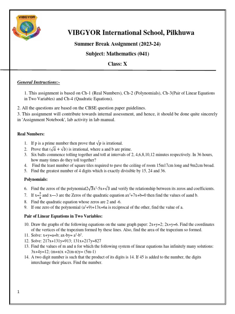 Class 10 Maths Summer Assignment | PDF | Teaching Methods & Materials