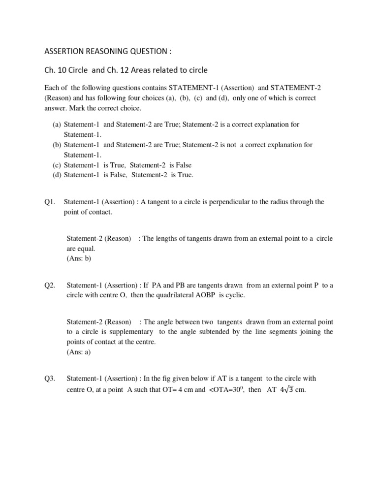 Assertion Based Question - Class X | PDF | Circle | Euclidean Geometry