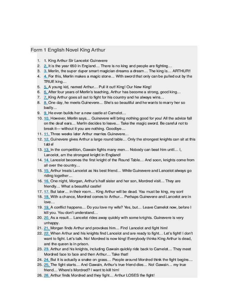 Form 1 English Novel King Arthur | PDF