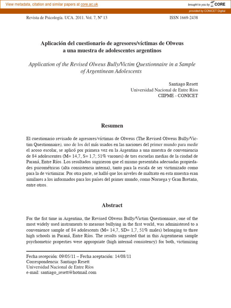 Aplicación Del Cuestionario de Agresores/víctimas de Olweus A Una ...