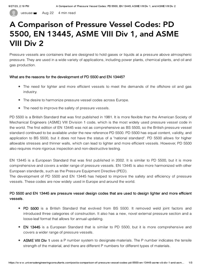 Comparison of Pressure Vessel Codes | PDF