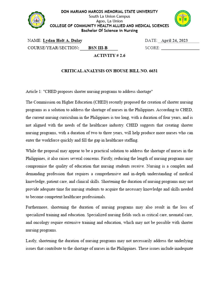 BSN III-b - Dulay, Lydan Holt, A. - Activity #2.6 - Critical Analysis ...