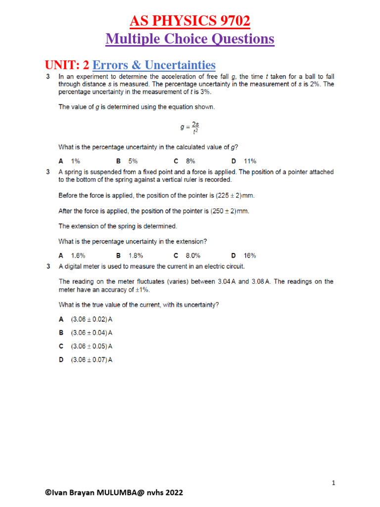 As Physics Errors and Uncertainities Multiple Choice Questions | PDF