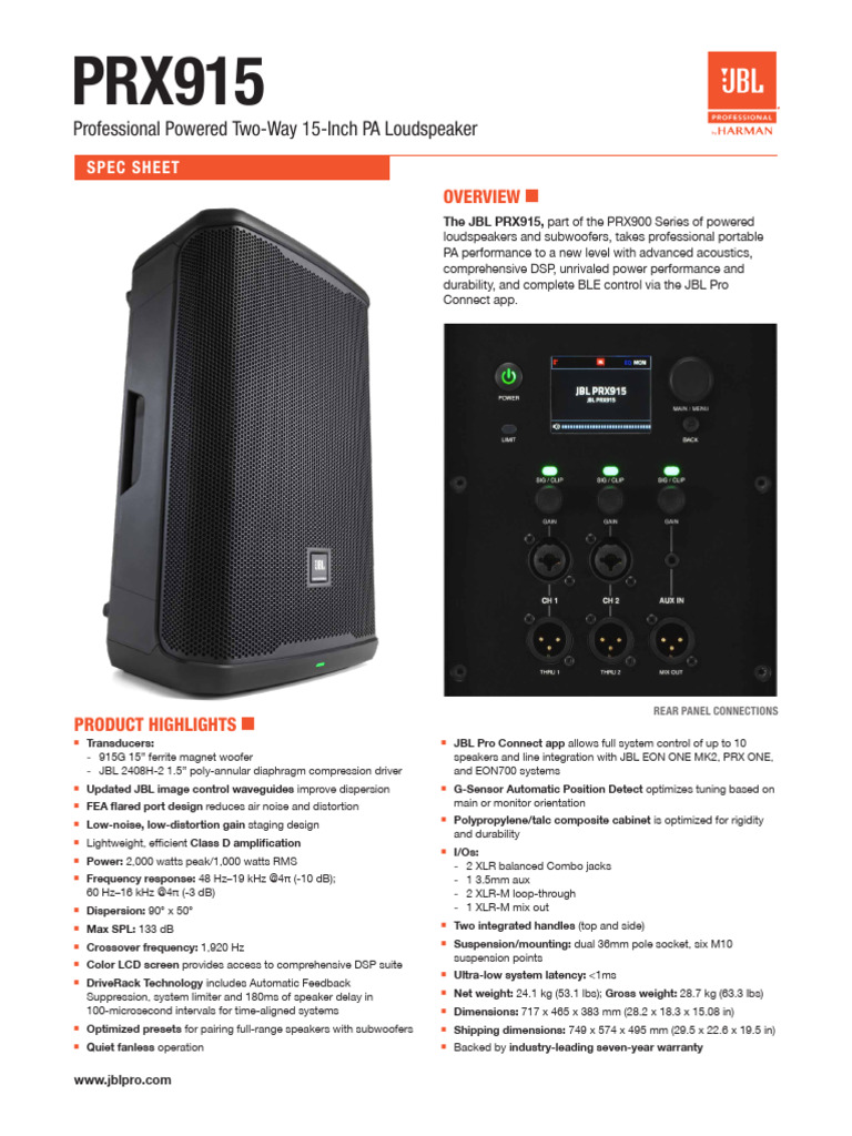 JBL Prx915 Spec Sheet | PDF