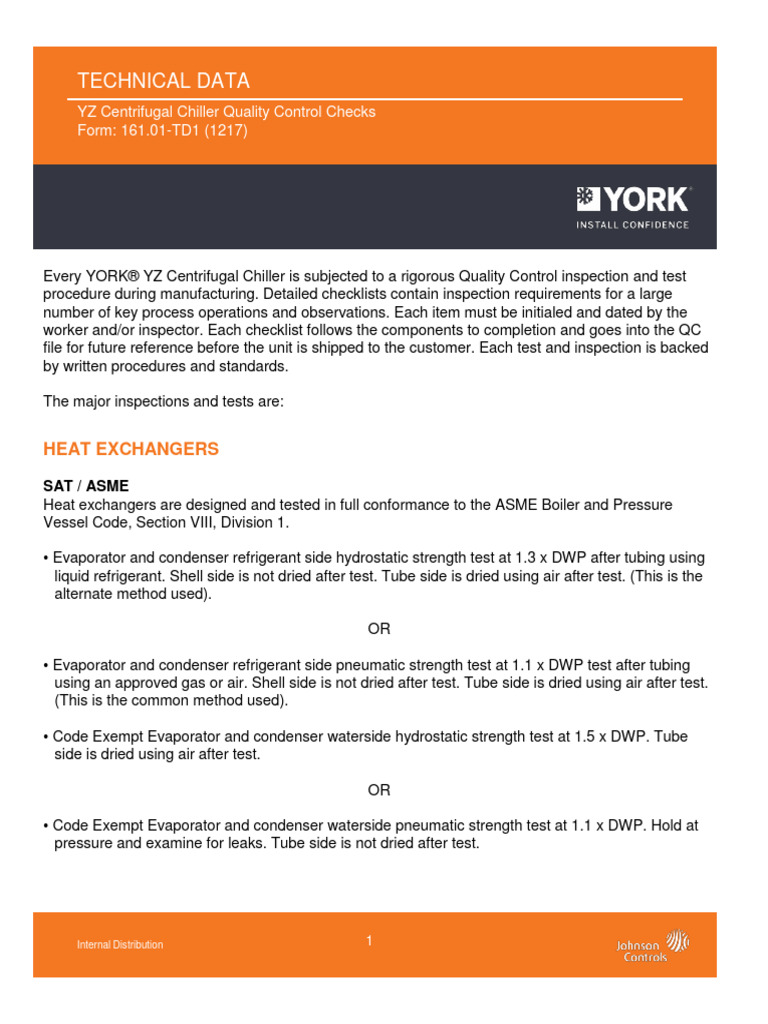 161.01-TD1 - EN - YZ Centrifugal Chiller Quality Control Checks | PDF | Heat Exchanger | Leak