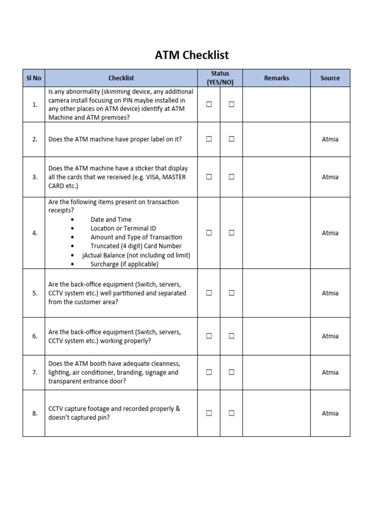 ATM Checklist | PDF ATM Checklist | PDF