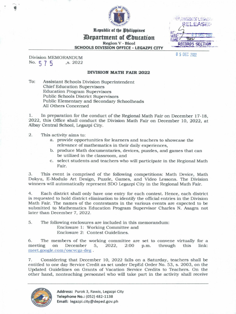 DM No. 575, S. 2022 Division Math Fair 2022 | PDF