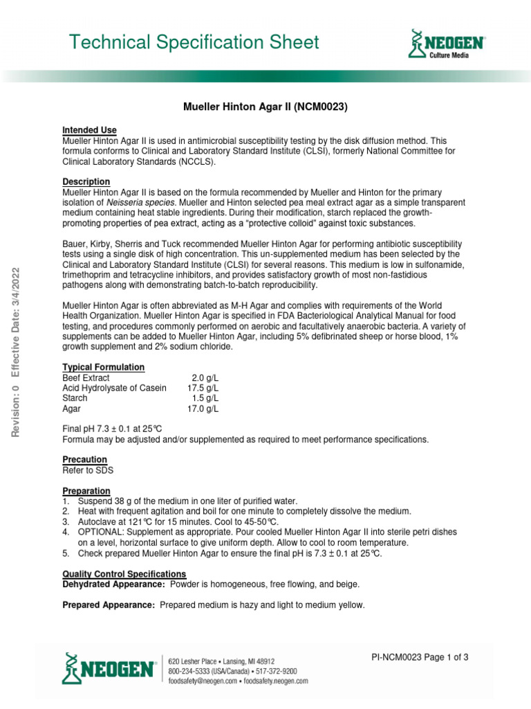 Official - ncm0023 - Mueller Hinton Agar II - Technical Specifications - en Us | PDF | Medical ...