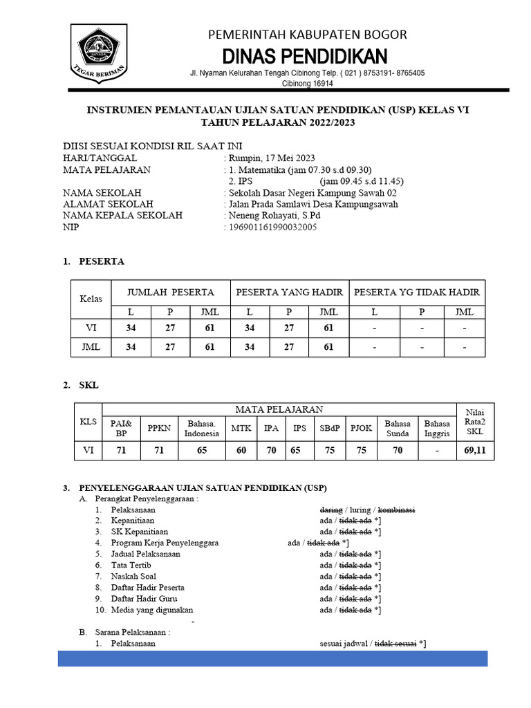 Instrumen Pemantauan Us Kls Vi - Sdn Kp Sawah 02 | PDF