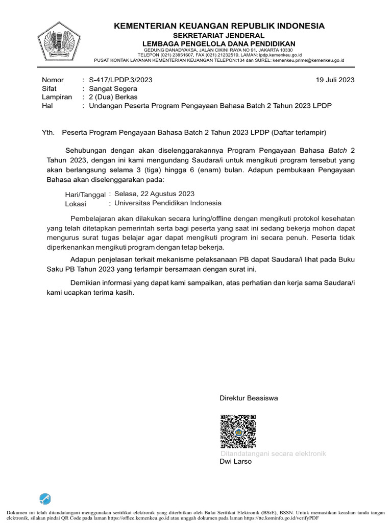 Surat Undangan Peserta PB UPI | PDF