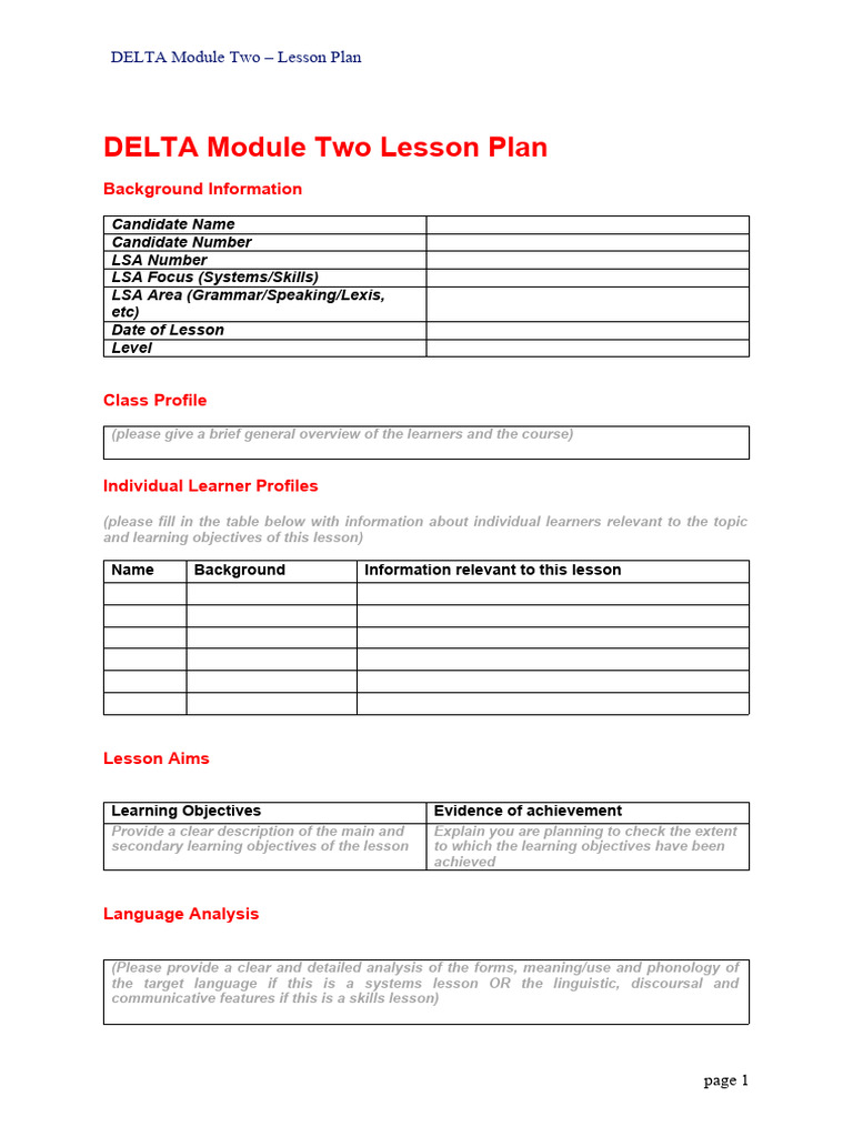 DELTA Module Two Lesson Plan Template | PDF | Lesson Plan | Learning