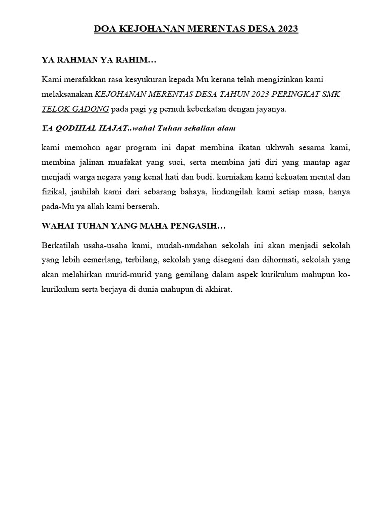 Doa Kejohanan Merentas Desa 2023 | PDF