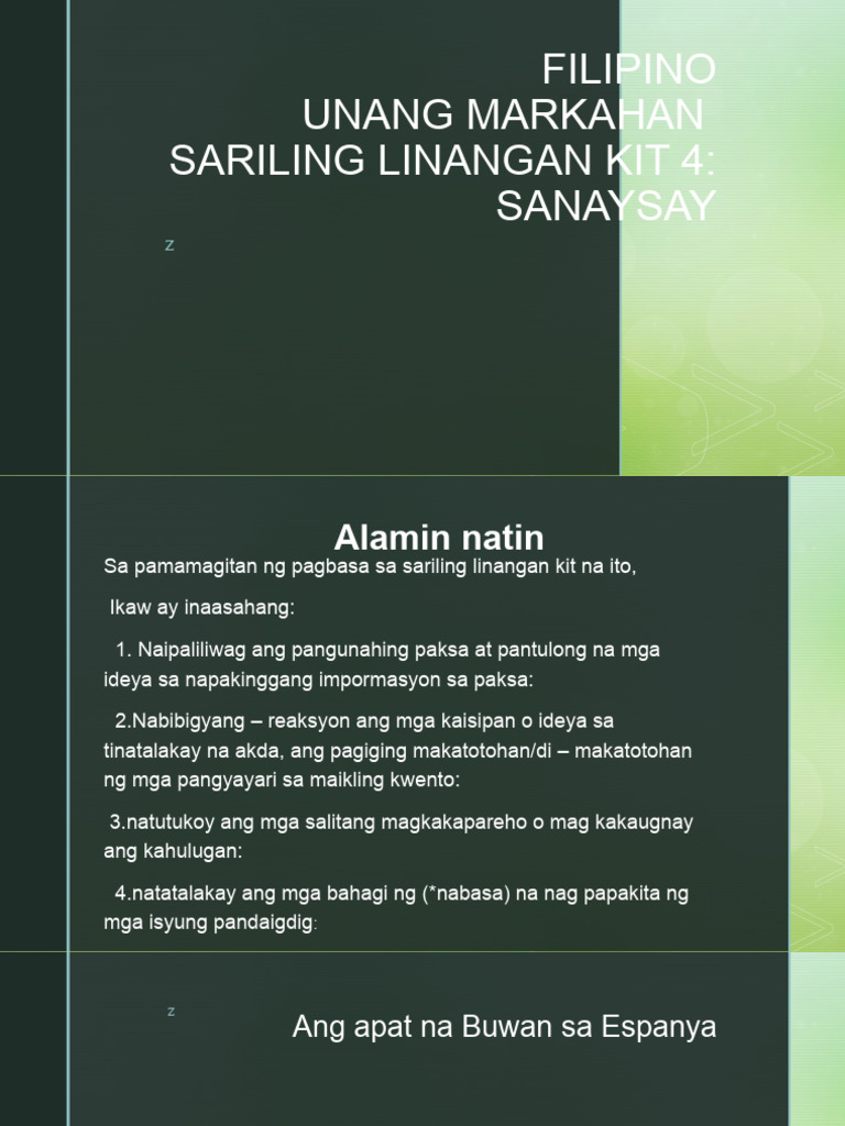 Filipino Unang Markahan Sariling Linangan Kit 4: Sanaysay | PDF