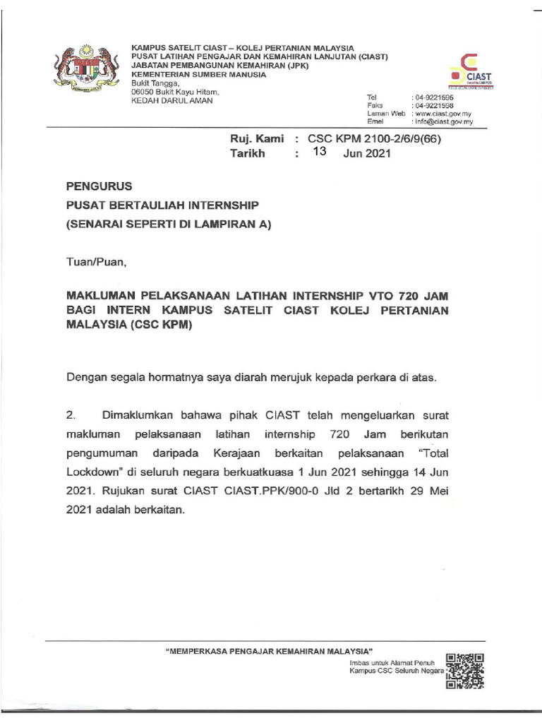 Surat - Makluman Pelaksanaan Latihan Internship Vto 720 Jam Bagi Intern CSC KPM | PDF
