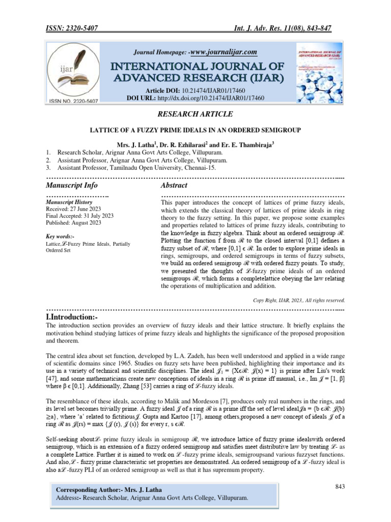 Lattice Of A Fuzzy Prime Ideals In An Ordered Semigroup Pdf Function Mathematics Laplace