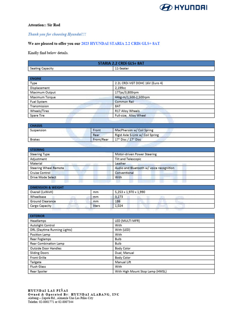 2023 HYUNDAI STARIA 2.2 CRDi GLS+ 8AT (1) - SIR ROD REYES | PDF
