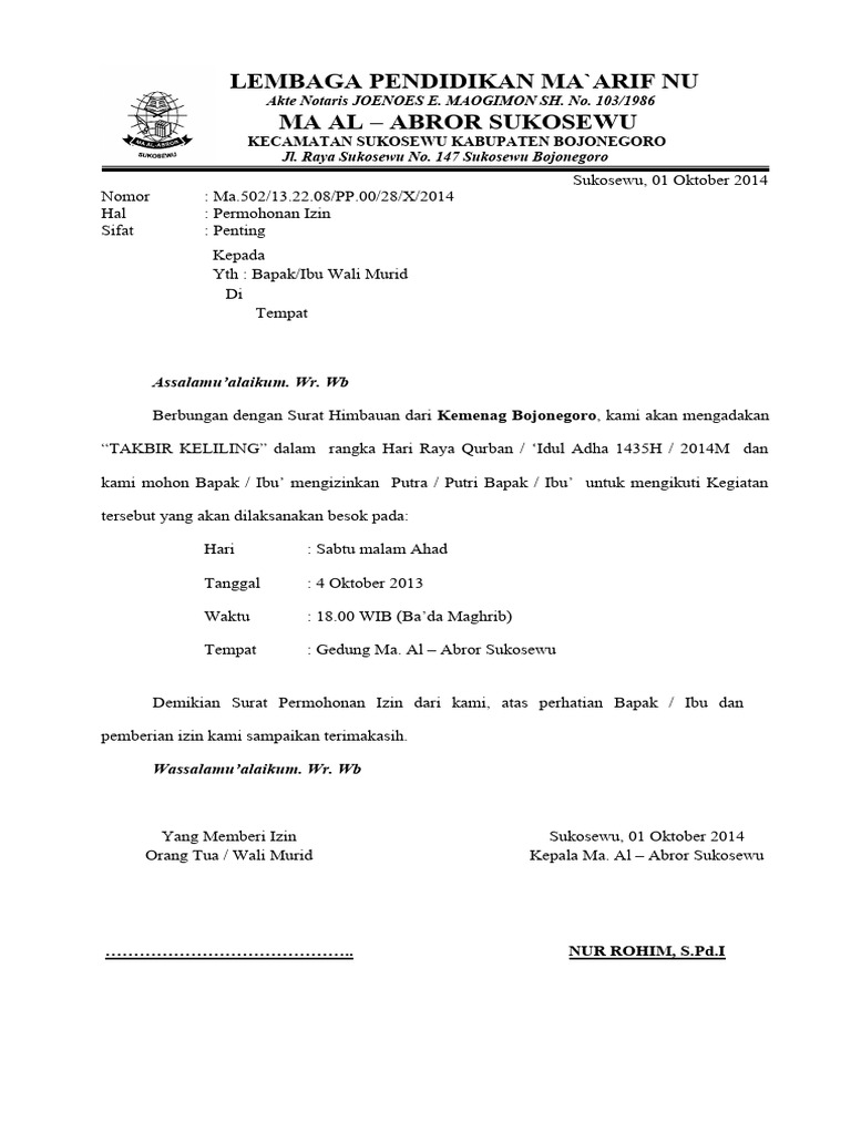 Permohonan Izin Takbir Keliling | PDF