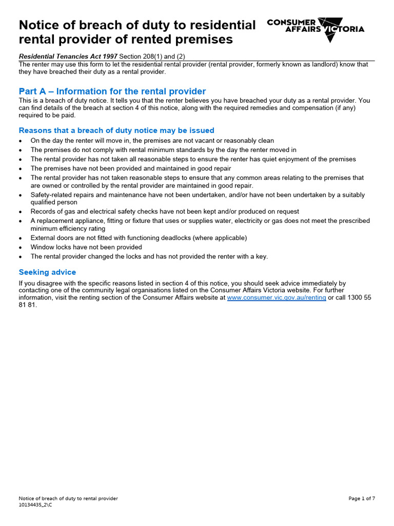 Notice of Breach of Duty To Rental Provider of Rented Premises | PDF