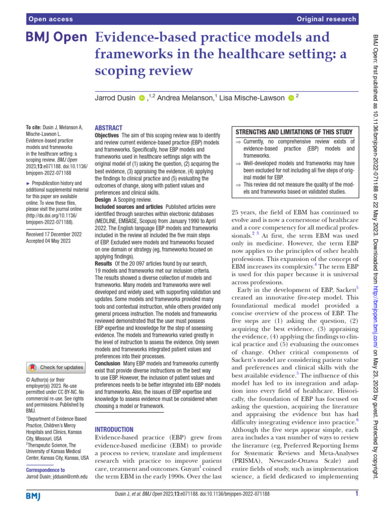 Evidence-Based Practice Models and Frameworks in T | PDF