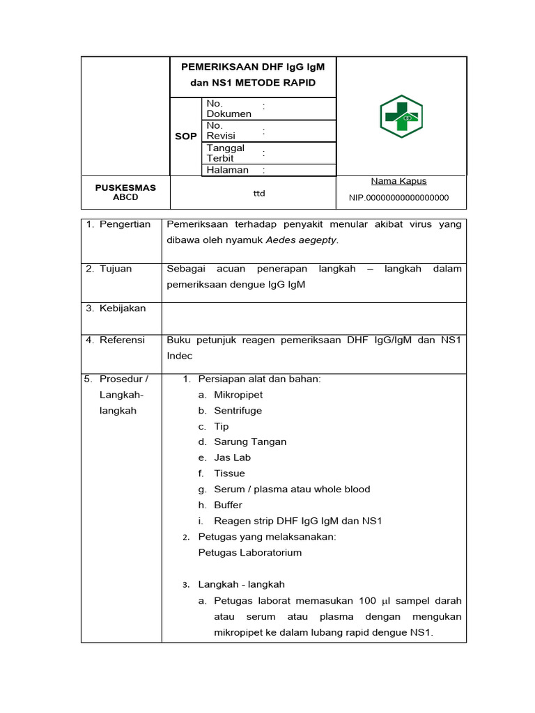 SOP Pemeriksaan DHF IGg IgM | PDF