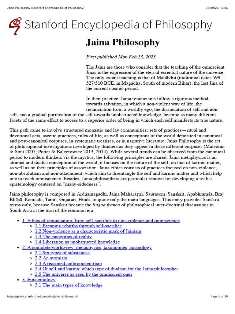 Jaina Philosophy (Stanford Encyclopedia of Philosophy) | PDF