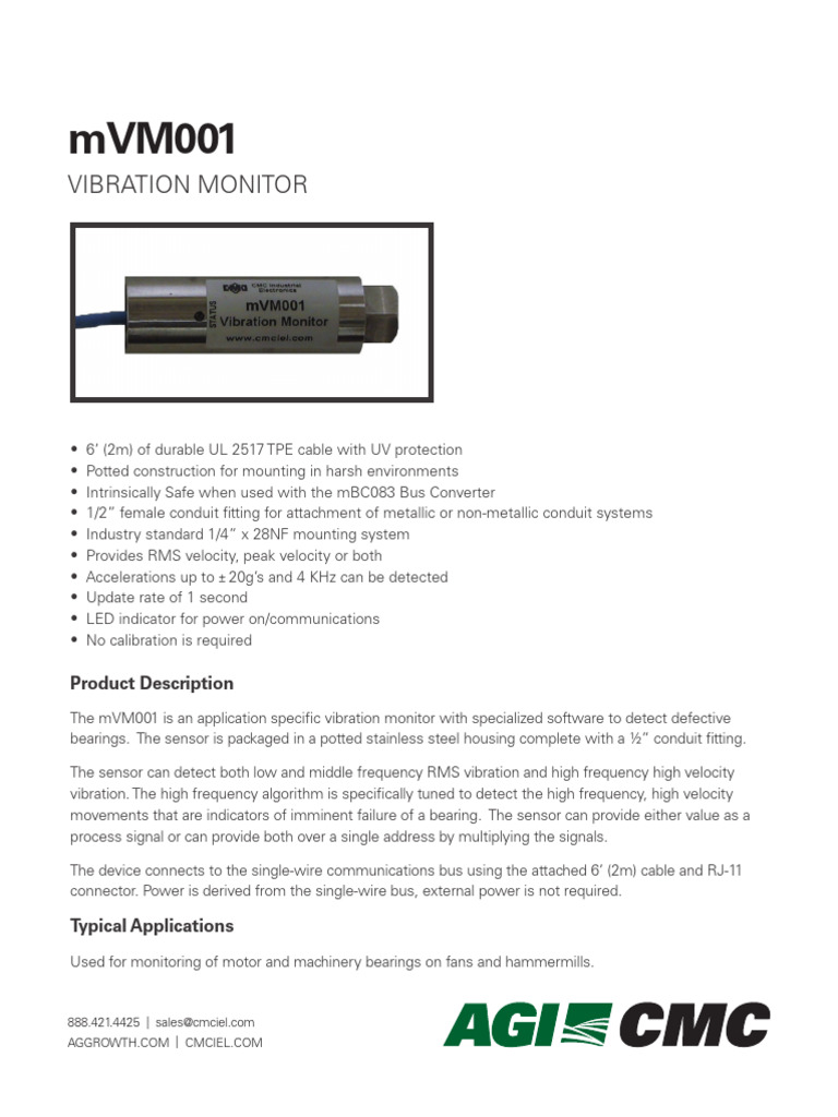 Cmc Mvm001 Vibration Sensor Ds Rev A00 Pdf Sensor Bearing