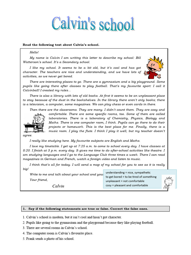 Calvins School Reading Comprehension Exercises - 11190 | PDF | Schools ...
