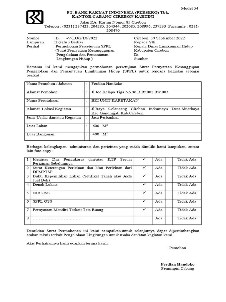Permohonan Rekomendasi SPPL | PDF