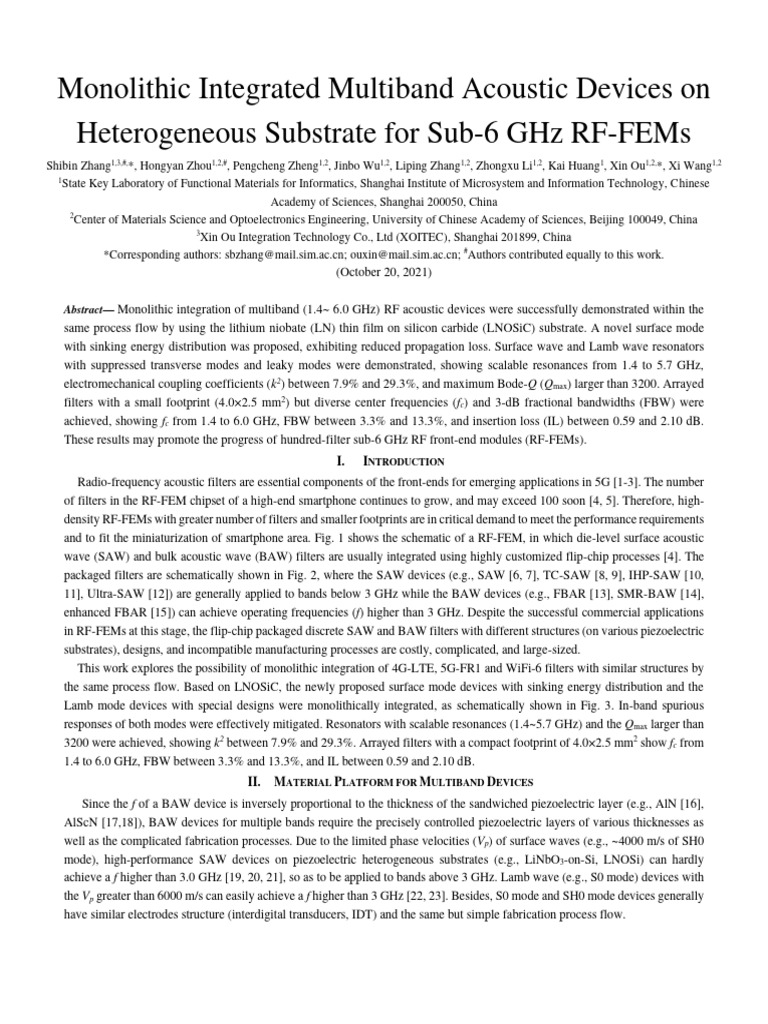 Monolithic Integrated Multiband Acoustic Devices On Heterogeneous Substrate For Sub-6 GHZ Rf ...