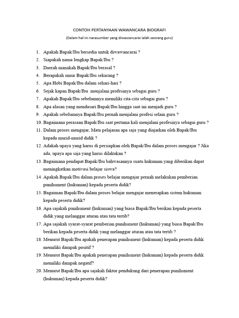 Contoh Pertanyaan Wawancara Biografi | PDF Contoh Pertanyaan Wawancara Biografi | PDF