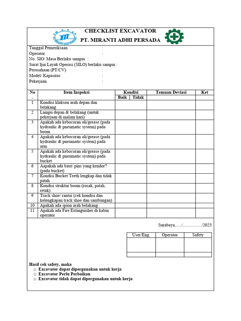 Checklist Alat Berat | PDF