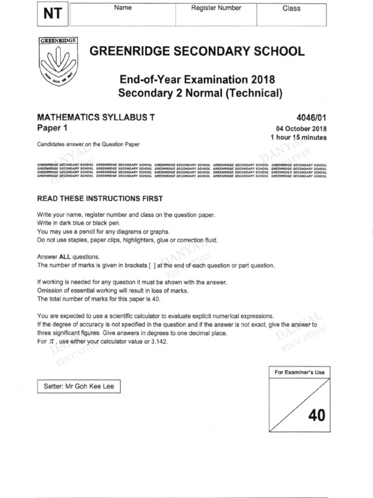 Greenridge Secondary EOY 2018 Math Sec 2 NT | PDF | Area | Volume