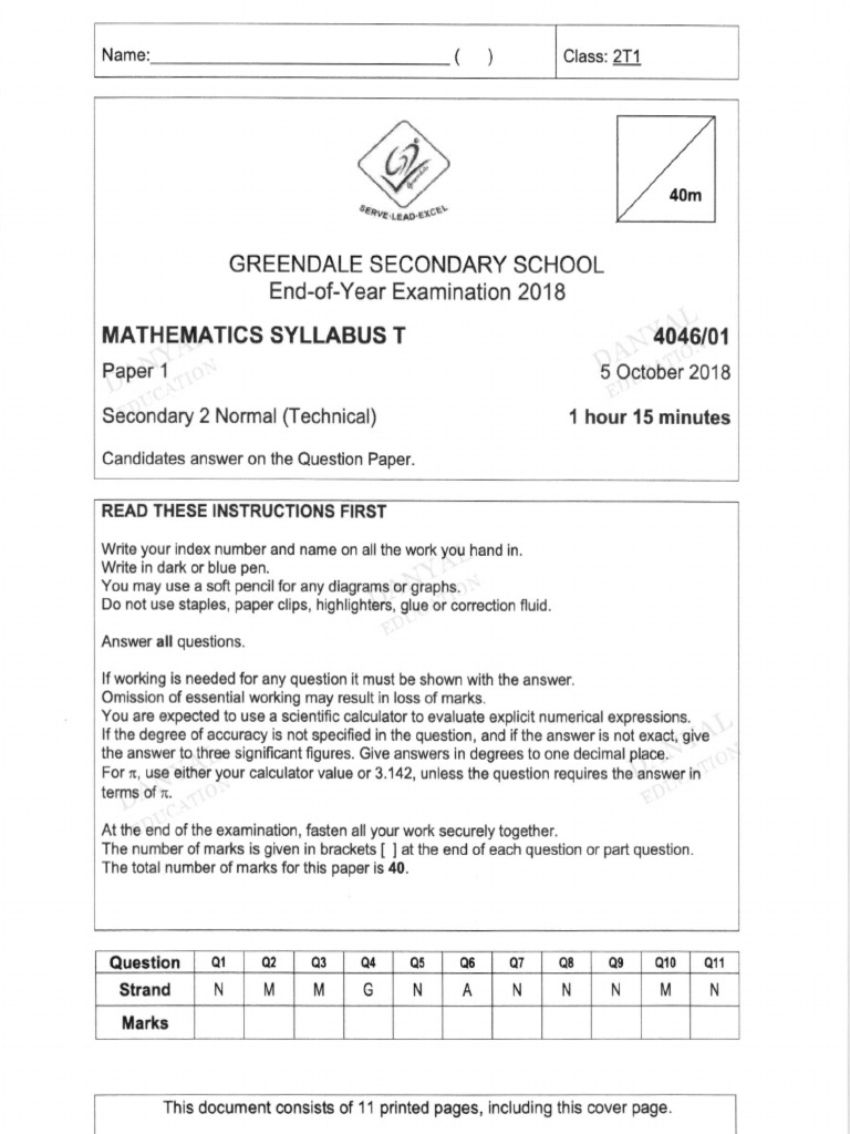 Greendale Secondary EOY 2018 Math Sec 2 NT | PDF