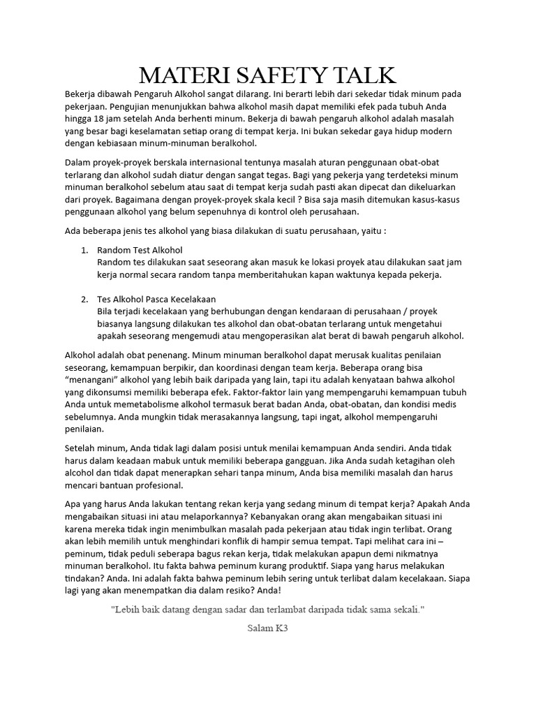 MATERI SAFETY TALK 15 Mei 2-23 | PDF