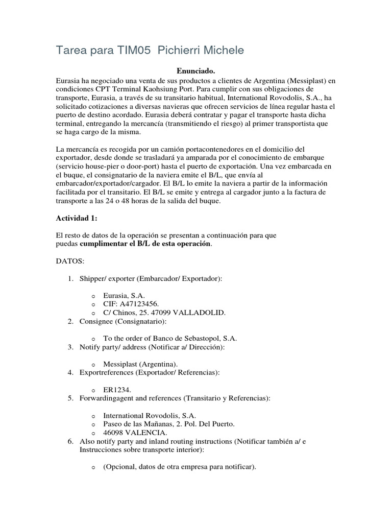 Pichierri_Michele_TIM05_Tarea | PDF | Bienes de consumo | Transporte