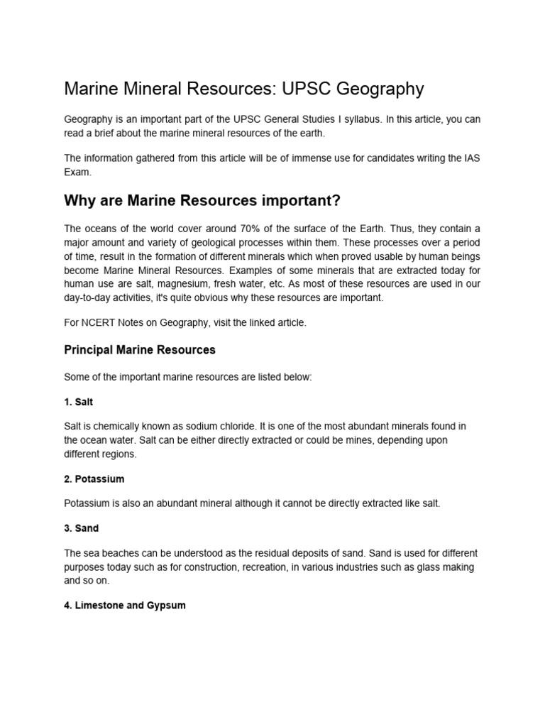 Marine Mineral Resources UPSC Geography | PDF