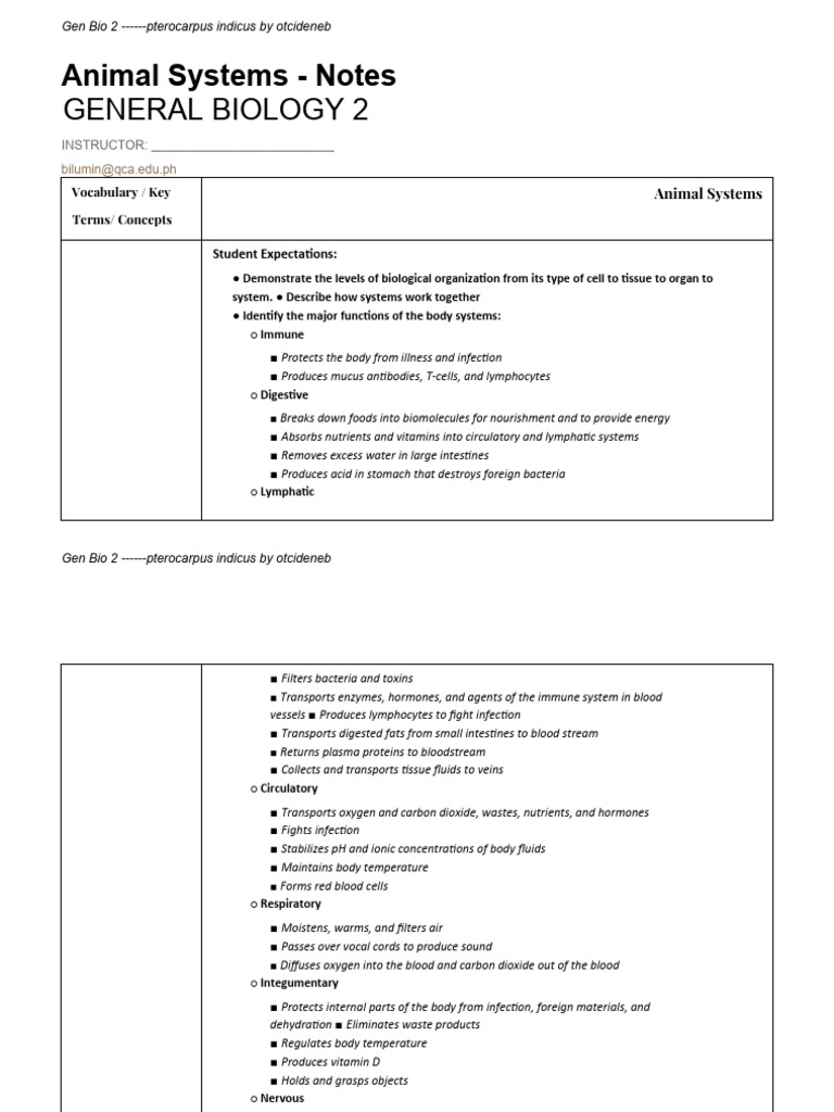 Animal Systems - Notes | PDF | Human Body | Immune System