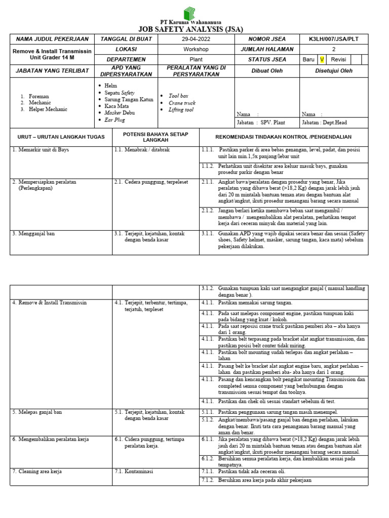 JSA - Remove & Install Transmission | PDF