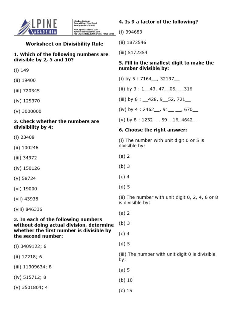 Worksheet On Divisibility Rule | PDF